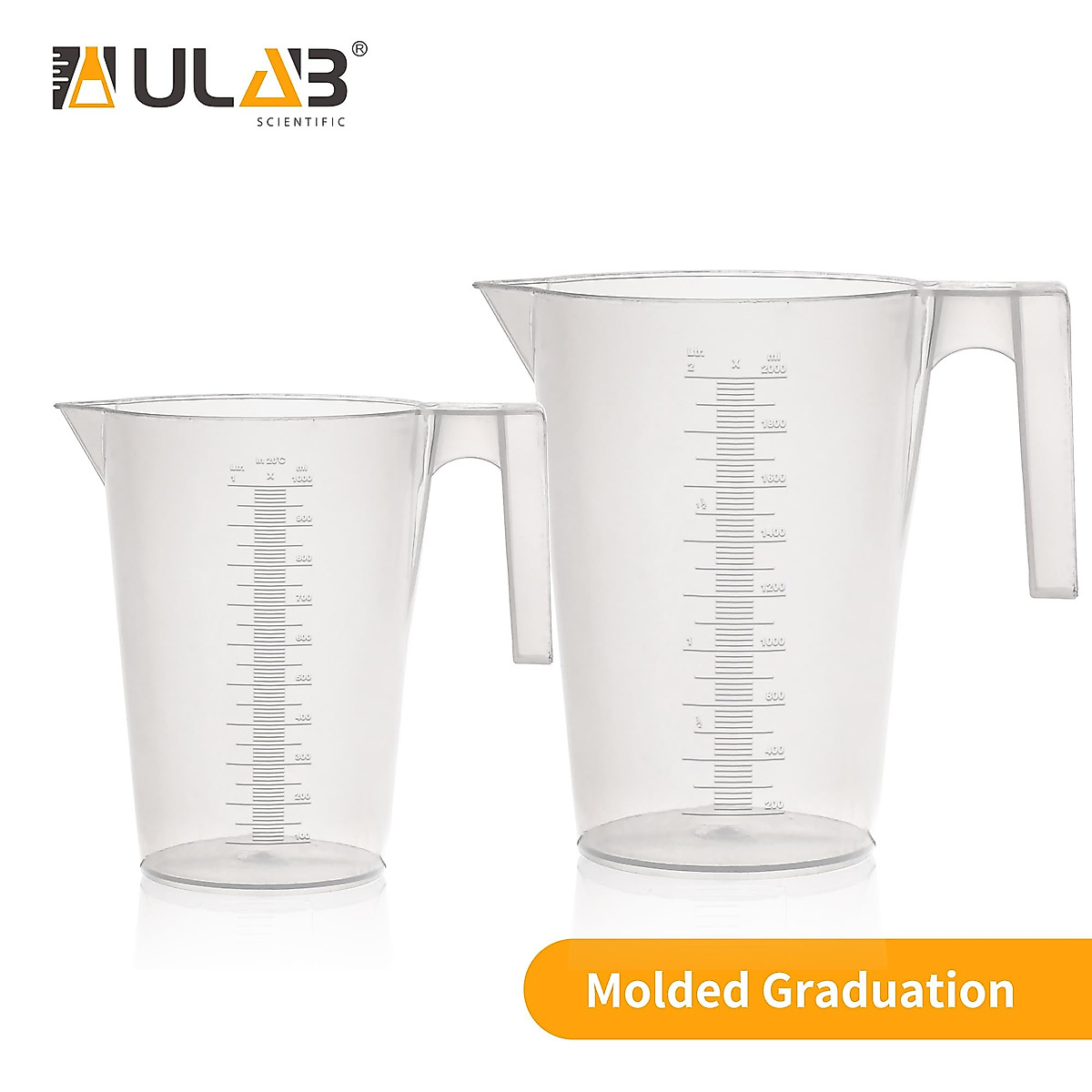 ULAB Half Handle Plastic Measuring Beaker Set, Stackable 2 Sizes 1000ml 2000ml, with Spout and Molded Graduation, UBP1010