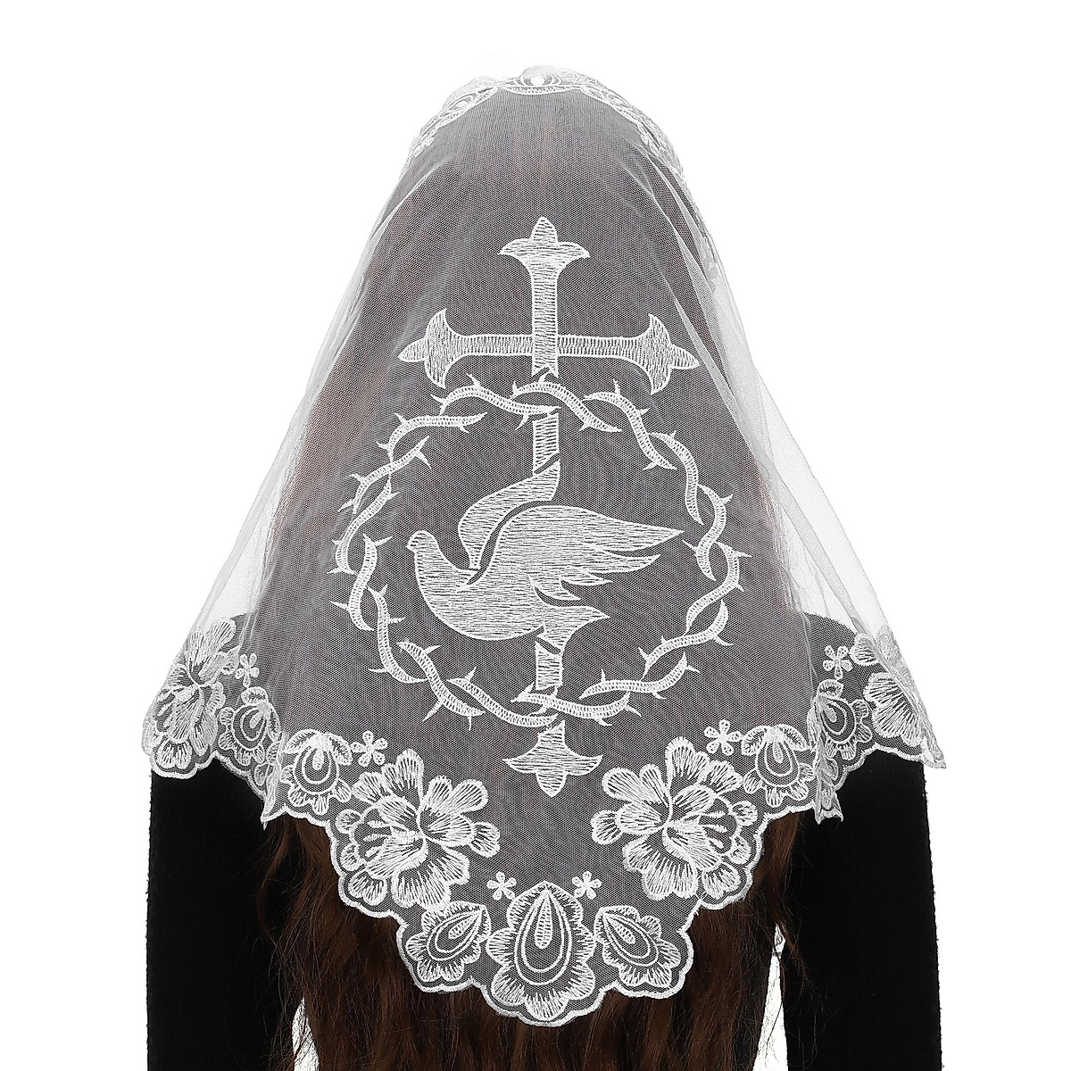 Bozidol Church Veil Triangular Mantilla - Cross Chalice Embroidered Vintage Catholic Mass Veil for Women