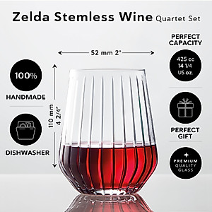 Grace Era Stemless Wine Glasses Set of 4 Beverage Cups, Zelda Collection, Wine Tumblers for Red and White Wine, Water Glasses, Drinking Glasses Unique Gift for Women, Men, Wedding