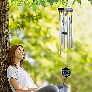 Fonmy Wind Chimes Outdoor w/Butterfly Sign Memorial Windchimes Great Wind Chime Gifts Soothing Melodic Tones & Bamboo/Aluminum Chime for Garden Home or Yard-31 Length Silver Chimes Hanging Decor.