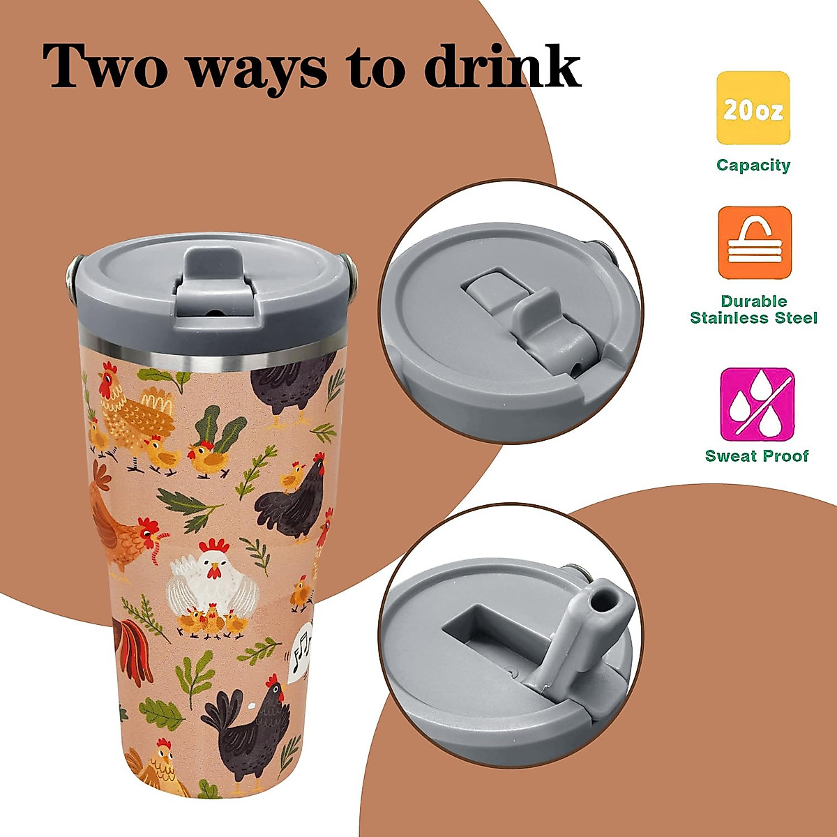 Hachishun Chicken Tumbler with Handle, Stainless Steel Vacuum Insulated Flip Straw 20 oz Chicken Tumbler Spill Proof Coffee Travel Mug Chicken Gifts for Women