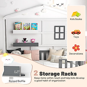 GOFLAME Twin Size House Bed for Kids, Montessori Floor Bed with Roof, 2 Storage Shelves, Rails and Window, Wooden Slatted Playhouse Bed Frame for Boys, Girls, No Box Spring Needed