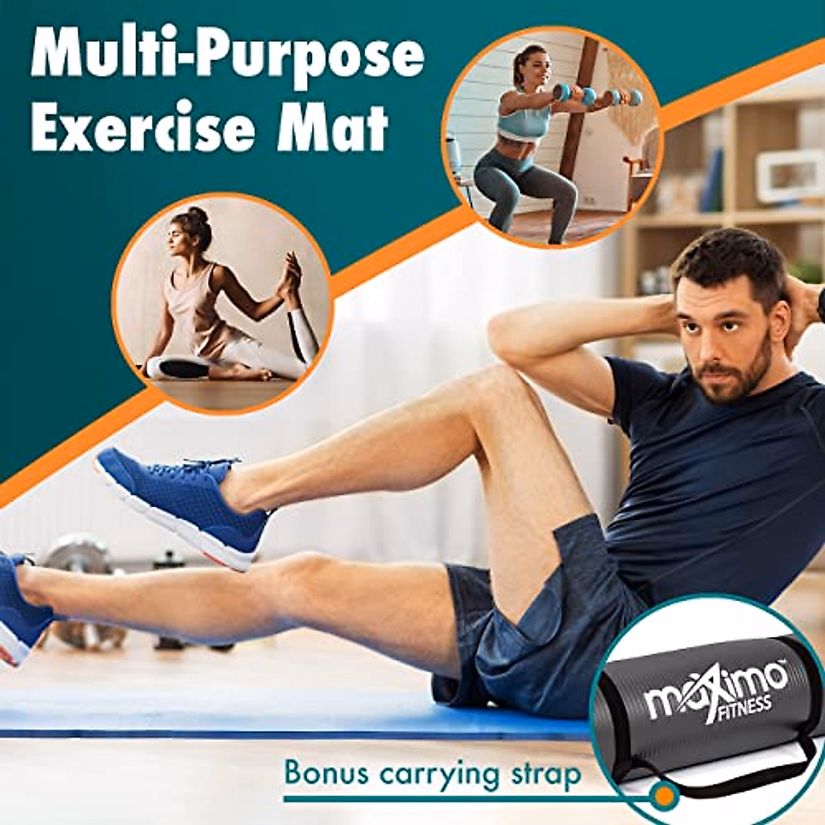 Maximo Fitness Yoga Mat - Multipurpose 72" x 24" x 0.5"(Standard) Exercise Mat for Men, Women and Kids, Ideal Non Slip Workout Mats for Yoga, Pilates, Gym Exercise with Carrying Strap