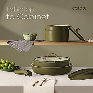 CAROTE 19pcs Pots and Pans Set, Nonstick Cookware Set Detachable Handle, Induction Kitchen Cookware Sets Non Stick with Removable Handle, RV Cookware Set, Gold and Green