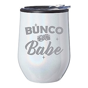 Stemless Wine Tumbler Coffee Travel Mug Glass With Lid Bunco Babe (White Iridescent Glitter)