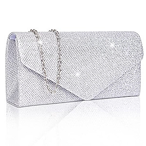 Larcenciel Silver Clutch Purses for Women Evening, Sparkly Envelope Clutch Evening Bag w/Chain, Elegant Crossbody Shoulder Handbag, Shiny Party Prom Purse Bride Wedding Guest Clutch Dress Carry on Bag