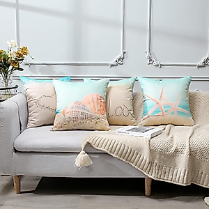 OTOSTAR Waterproof Summer Decorations Outdoor Throw Pillow Covers Linen Starfish Shell Pillow Covers Pack of 4 Square Cushion Case Garden Pillowcase 18x18 Inch for Patio Furniture Couch Tent (Beach)