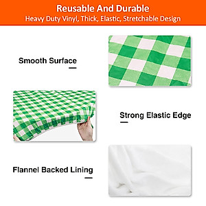 Picnic Table and Bench Fitted Tablecloth Cover, 3 Pack Set, KENOBEE Flannel Backing Elastic Edge Waterproof Wipeable Plastic Cover Fitted Vinyl Tablecloth for Home Goods Outdoor Patio,Green-White