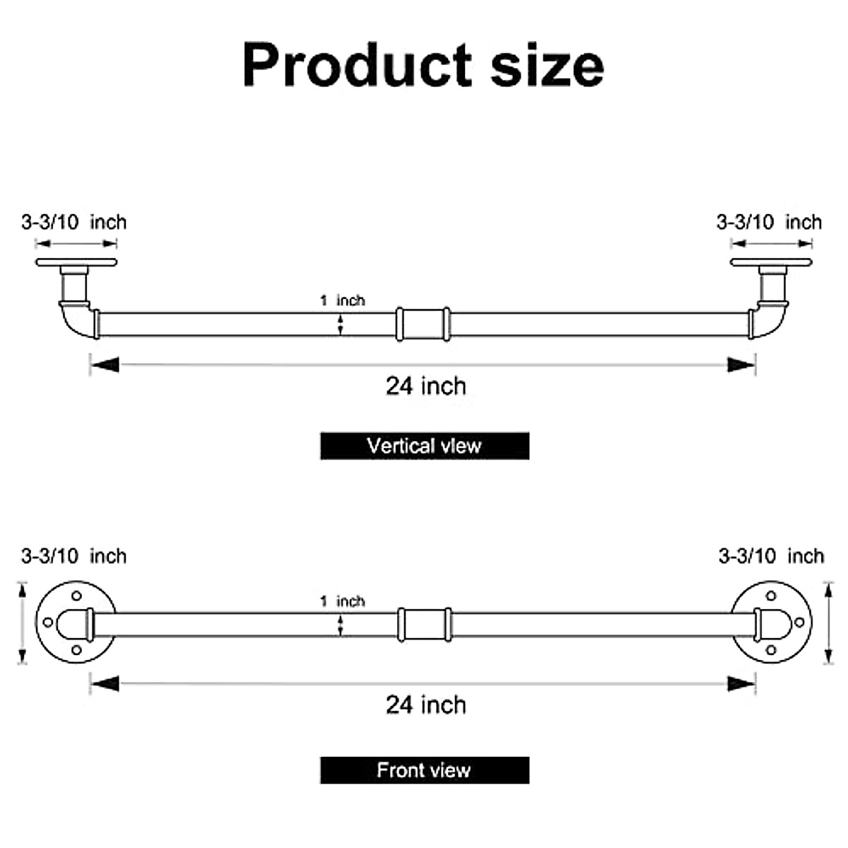 HouseAid 24 Inch Industrial Pipe Towel Bar, Farmhouse Iron Hand Towel Holder, Vintage Style Towel Rod for Bathroom, Wall Mounted, Matte Black (Hook Included)