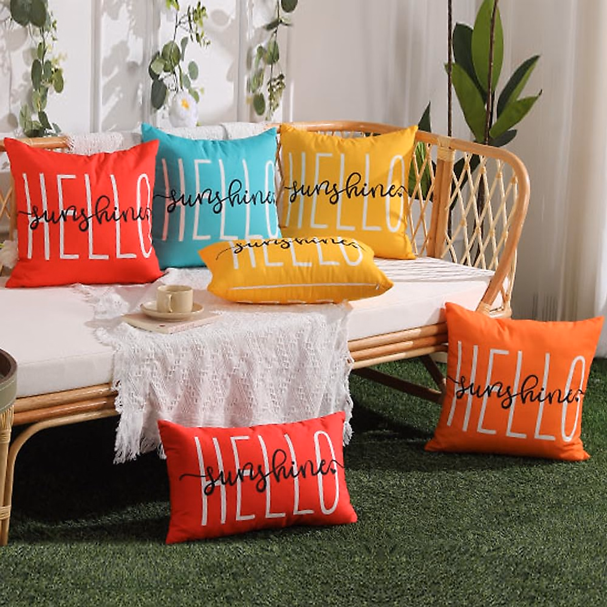 DFXSZ Outdoor Pillow Covers 16x16 Inch Set of 2 Hello Sunshine Decor Yellow Waterproof Throw Pillow Covers Summer Outdoor Waterproof Pillow Covers Decor for Patio Funiture Garden Sofa Couch 020B16