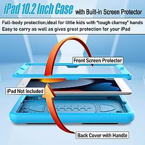 LTROP Kids Case for iPad 9th / 8th / 7th Generation 10.2-inch (2021/2020/ 2019), Shockproof iPad 10.2” Case with Built-in Screen Protector, Blue