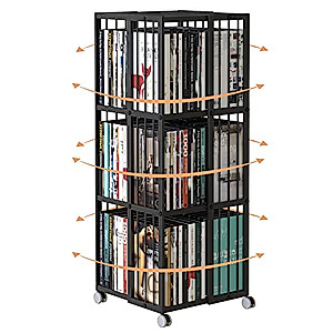 Huhote Rotating Bookcase Black 3 Tiers Metal Bookshelf, 360°Cubic Large Capacity for Small Space with Storage and Creative Multi-Layer Shelves,Magazine&Books for Bedroom Living Room Study and Office