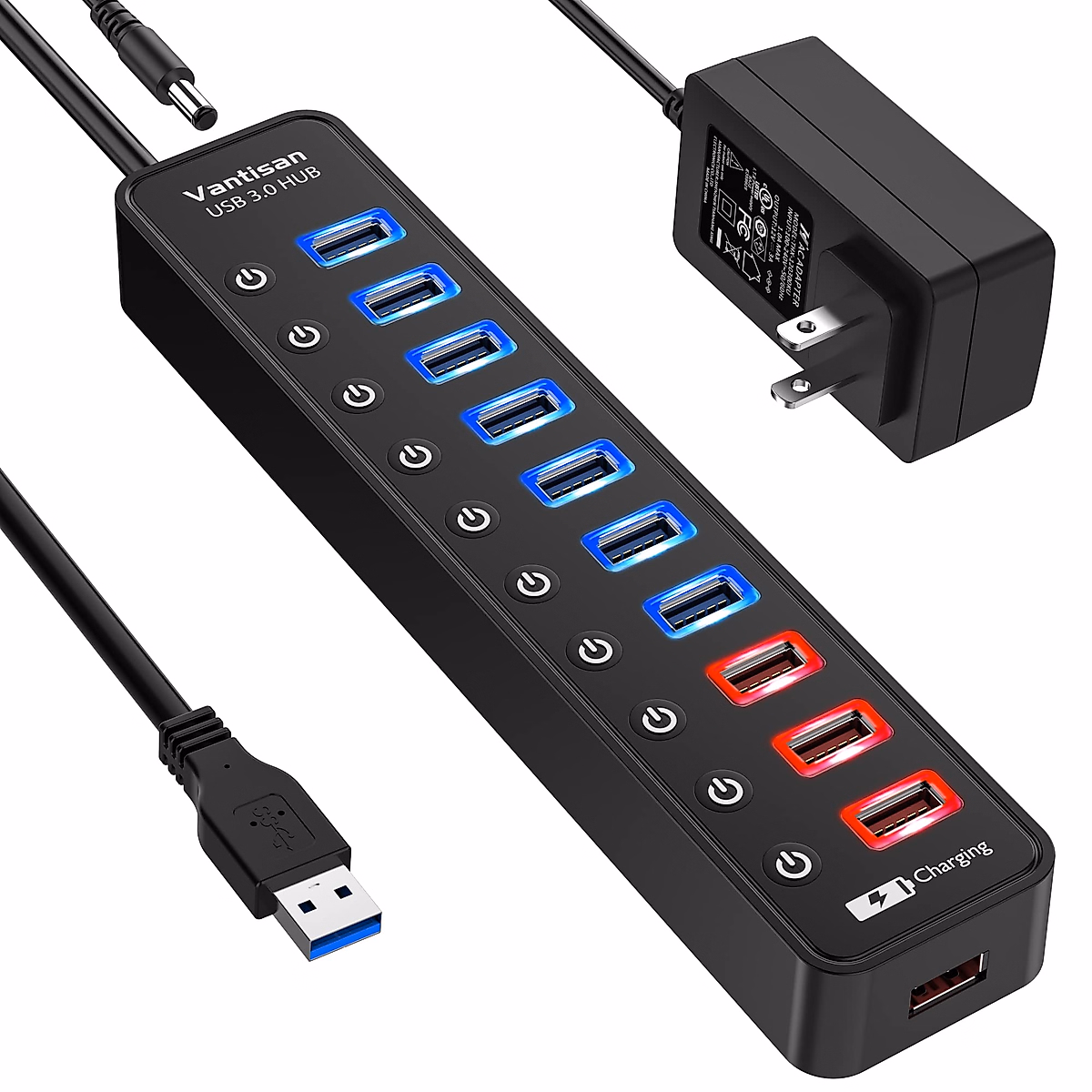 vantisan Powered USB 3.0 hub, 11-Port USB Hub Splitter Extension 7 USB 3.0 Data Ports + 4 Smart Charging Ports with Individual LED On/Off Switches and 12V/3A Power Adapter for USB Devices.