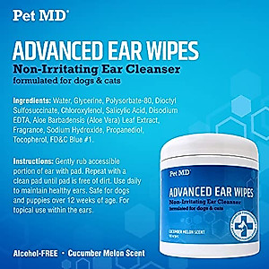 Pet MD Cat and Dog Ear Cleaner Wipes - Advanced Otic Veterinary Ear Cleaner Formula - Dog Ear Infection Treatment Helps Alleviate Ear Infections - 100 Alcohol Free Ear Wipes with Soothing Aloe Vera