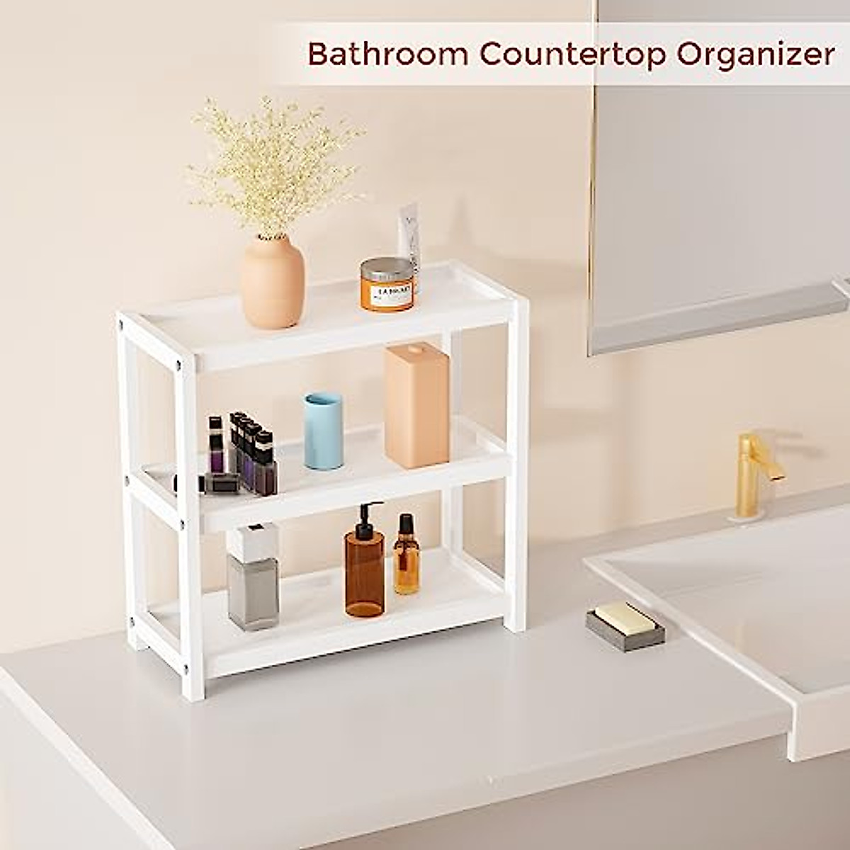 Bathroom Countertop Organizer - 3 Tier Bamboo Storage Shelf for Makeup, Skincare, Spices, Seasonings - Bathroom Vanity Accessories - Wall Mounted Floating Shelves - Over Toilet Shelving, Simply White