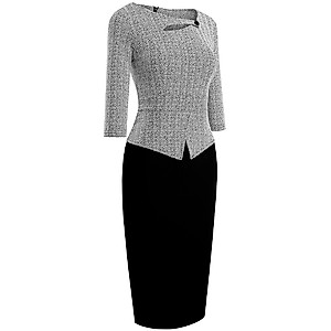 HOMEYEE Women's Elegant Chic Bodycon Formal Dress B288(L, Gray Pattern+Black)