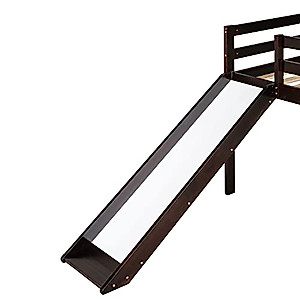 LostCat Twin Loft Bed with Slide, Low Loft Bed with Stairs and Chalkboard, Wood Twin Bed Frame for Kids with Slide, Space-Saving Wooden Child Bed Frame for Boys or Girls, Espresso