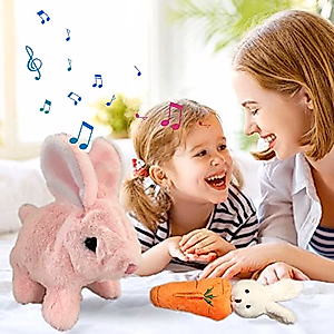 FESTIVALCOS Bunny Toys Interactive Toys Bunnies Can Walk and Talk, Easter Plush Stuffed Bunny Toy Walking Rabbit Educational Toys for Kids, Hopping Wiggle Ears Twitch Nose (Pink, with Carrot)