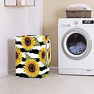 DEYYA Waterproof Laundry Baskets Tall Sturdy Foldable Sunflowers White Black Stripe Print Hamper for Adult Kids Teen Boys Girls in Bedrooms Bathroom