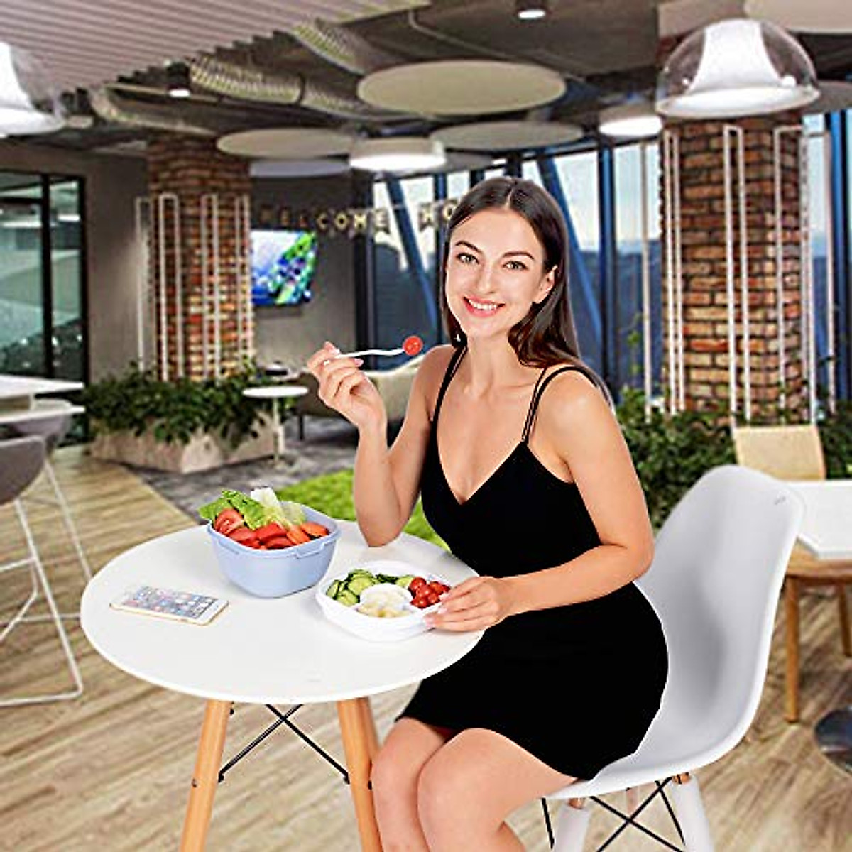 Upgraded Salad Bowl with Lid Leak-proof 57.5oz Stackable Salad Lunch Box with Larger Capacity Salad Mixing Bowl and 3-Compartment Bento-Style Topping Tray, Sauce Box,Cutlery, BPA FREE(powder blue)