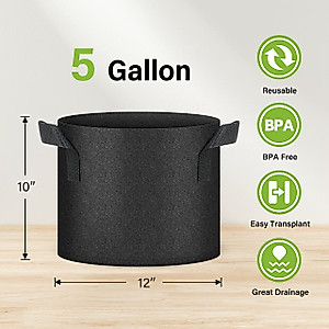 HealSmart Plant Grow Bags 5 Gallon, Tomoato Planter Pots 5-Pack with Handles, Aeration Nonwoven Fabric, Heavy Duty Gardening Planter for Vegetable, Herbs and Flowers, Black