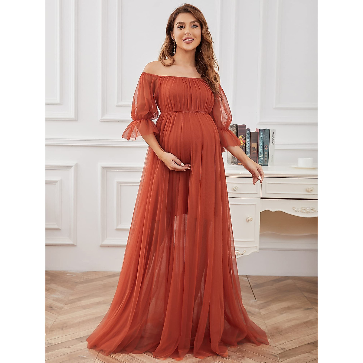 Ever-Pretty Women's Off-Shoulder A-line Tulle Puff Sleeve Maxi Maternity Dress for Baby Shower Burgundy US4