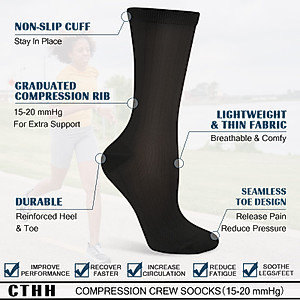 Compression Crew Socks for Women Thin Lightweight (15-20 mmHg) for Athletic Nurse Circulation Support Socks, 4 Pairs/Black