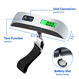VIGIND Digital Luggage Weight Scale,110lbs Portable Handheld Scale with Backlit LCD Display&Hook,Suitcase Scale with Temperature Senso,Travel Essentials Accessories for Travel - Battery Included