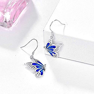 Butterfly Drop Earrings, 925 Sterling Silver Hypoallergenic Dangly Earring for Sensitive Ears Jewelry Mother Day for Women Girlfriend Butterflies Lovers with Box (Blue)