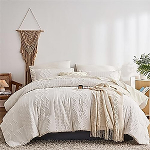 sponwilar Queen Comforter Set 7 Pieces Boho Bed in a Bag, Geometric Textured Tufted Bed Set, Soft Microfiber Lightweight Bedding Set for All Season(Cream, Queen)