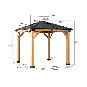 Sunjoy Hardtop Gazebo 9 x 9 ft. Upgrade Cedar Framed Wood Gazebo with Brown Steel & Polycarbonate Hip Roof Hardtop for Garden, Backyard Shade, Brown Roof + Natural Wood Frame