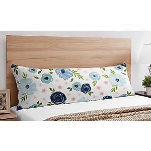 Sweet Jojo Designs Navy Blue and Pink Watercolor Floral Body Pillow Case Cover (Pillow Not Included) - Blush, Green and White Shabby Chic Rose Flower Polka Dot