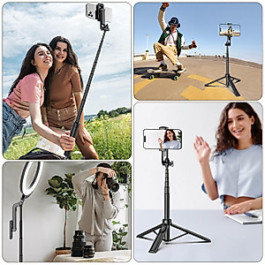 Selfie Stick Travel Tripod for Cell Phone with Remote Control and Phone Holder, Extendable Selfie Stick for iPhone, iPhone Tripod for Video Recording, 50 Inch, Black