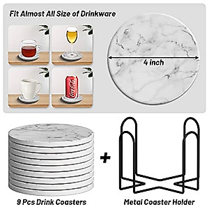 9 Pieces Ceramic Coasters for Drinks with Holder, Billbotk Absorbent Drink Coasters for Coffee Table, Marble Style Coasters Wooden Table, Suitable for Kinds of Cups, 4 Inches