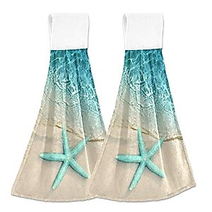 KOCOART Ocean Beach Starfish Kitchen Hand Towels Sea Water Hanging Tie Towel Dishcloths with Loop 2PCS, Soft Super Absorbent Fingertip Towel for Bathroom Laundry Room 12x17 in