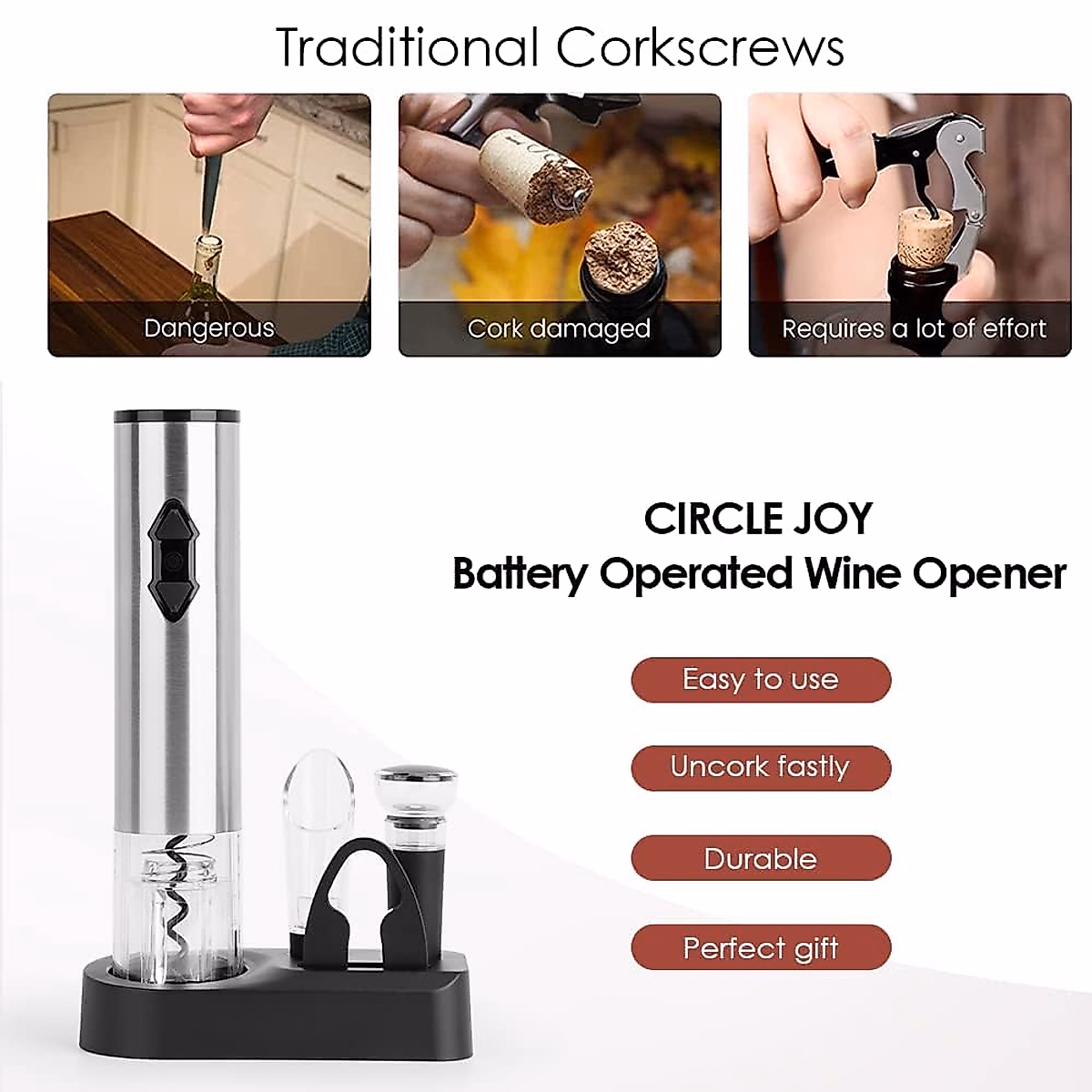 CIRCLE JOY 5-in-1 Electric Wine Opener Gift Set Stainless Steel Electric Wine Bottle Opener Battery Operated Corkscrew with Foil Cutter, Wine Pour, Wine Stopper and Storage Base, Silver