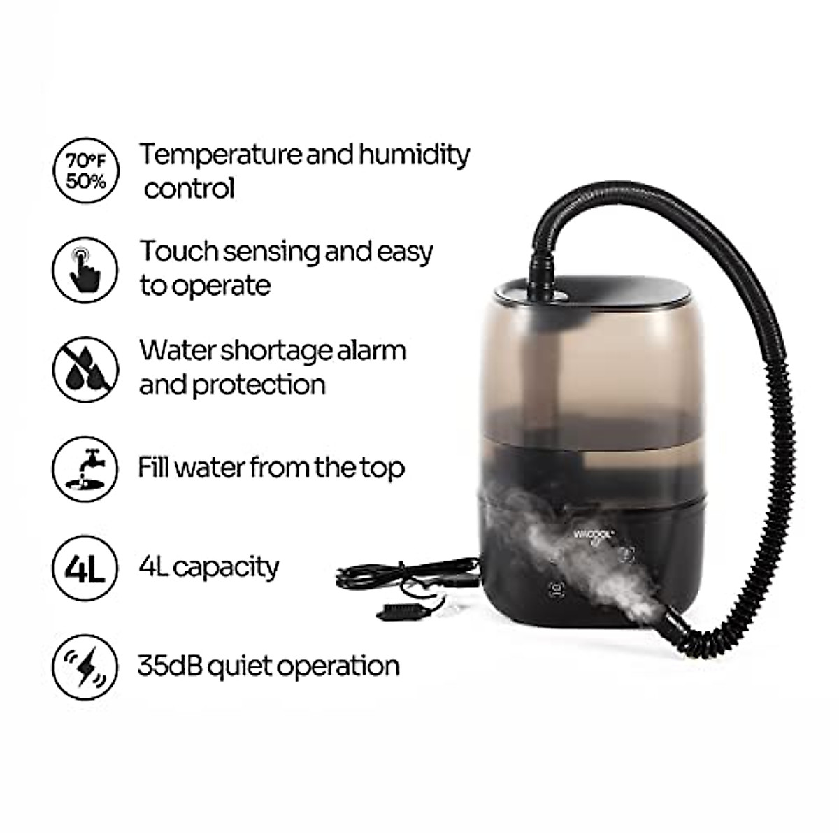 WACOOL Reptile Fogger with Humidity Controller, 4L Large Tank Reptile Humidifier with Humidistat & Extended Hose, Automatic Terrarium Fogger for Beared Dragon Lizard Gecko Snake Tortoise
