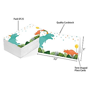 Table Place Card, Dinosaur Themed Tent Style Cards, Pack of 25 Half-Fold Reception Place Card, Green Blue Dino Food Labels, Perfect for Baby Shower, Dinosaur Birthday Party C07