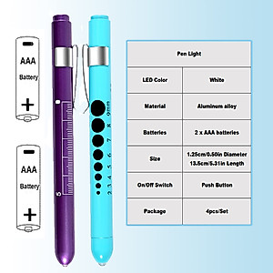 SIPYTOPF 4 Pack Pen Light,Reusable LED Penlight with Pupil Gauge and Ruler,White Light Torch for Nurses Doctors Students (Sky Blue+Pink+Black+Purple)