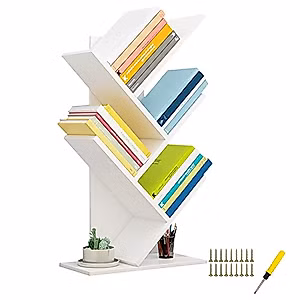 QUMENEY Tree Bookshelf, 5 Shelf Display Bookcase,Tree Bookcase for Books/CDs/Albums/Files Holder, Free Standing Book Shelves Organizer for Office，Bedroom, Living Room (White)