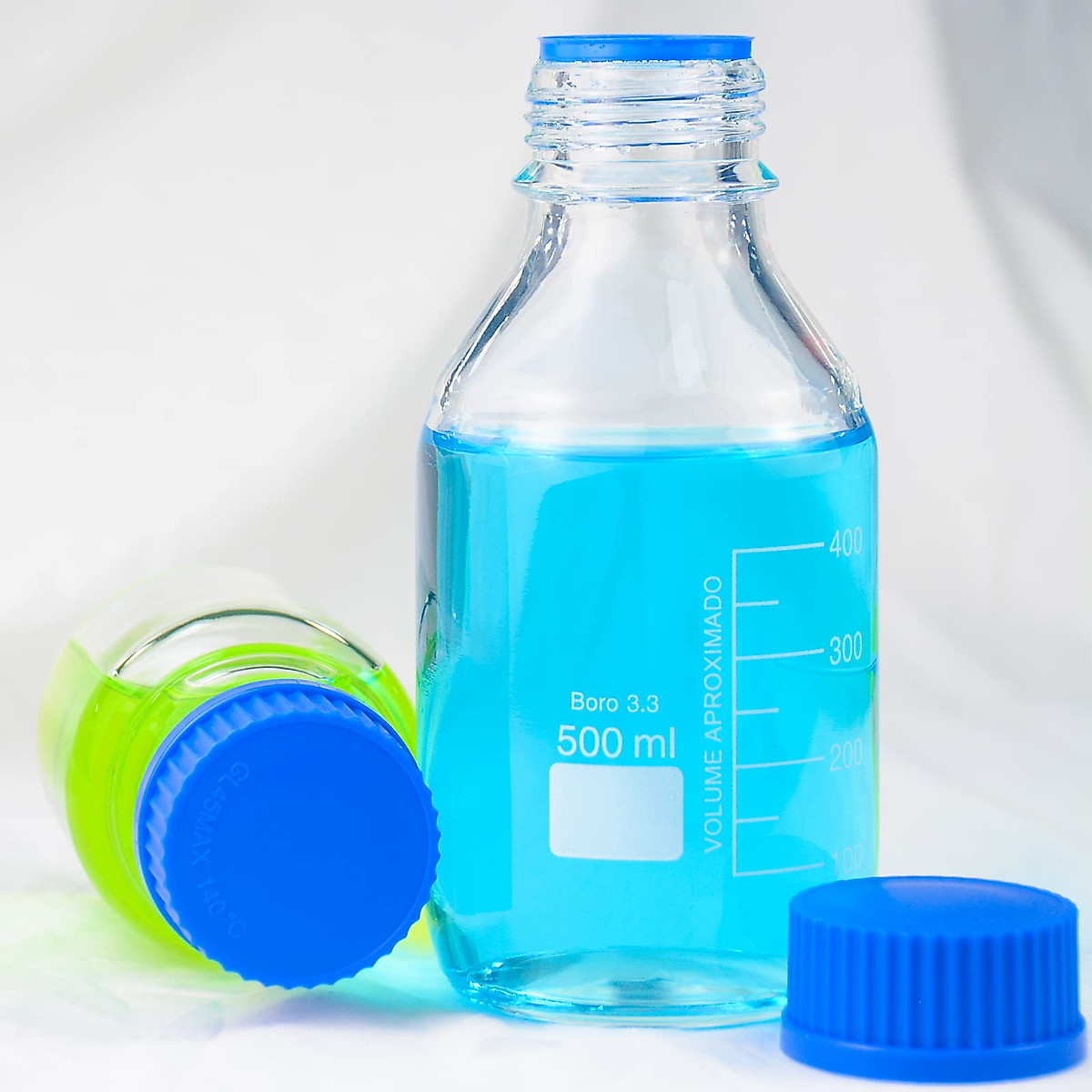 SWONES Graduated Round Reagent Media - Round Media Storage Bottle - Storage Glass Bottles, with GL45 Screw Cap,Borosilicate 3.3 Glass (250ml, 4pcs)