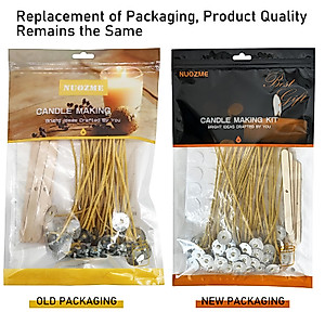 Nuozme 50 Pcs 6" Natural Candle Wicks,Pre-Waxed by 100% Beeswax & Tabbed with 60Pcs Candle Wick Stickers and 5 Pcs Wooden Candle Wick Centering Device, for Candle Making，Candle DIY