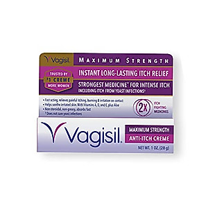 Vagisil Maximum Strength Feminine Anti-Itch Cream with Benzocaine for Women, Helps Relieve Yeast Infection Irritation, Gynecologist Tested, Fast-acting, Soothes and Cools Skin, 1 oz