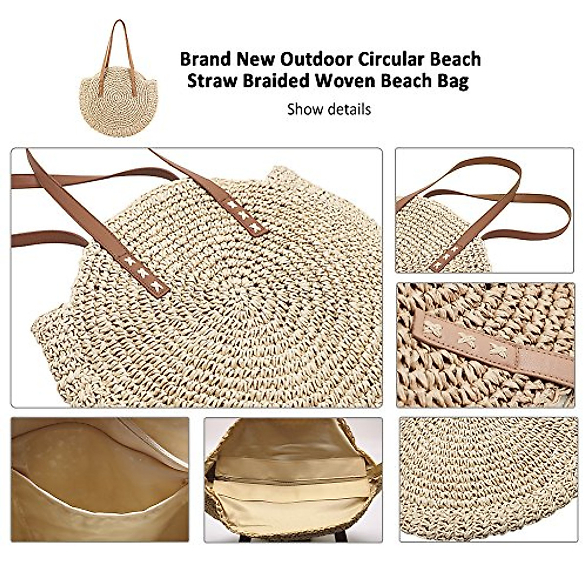 Round Woven Zippered Shoulder Bag,Handbags Beach Straw Bag Large Handmade Weaving Shoulder Bag Natural Chic Women Straw Woven Tote Summer Beach Tote for Women Vacation and Daily Use(Off-white