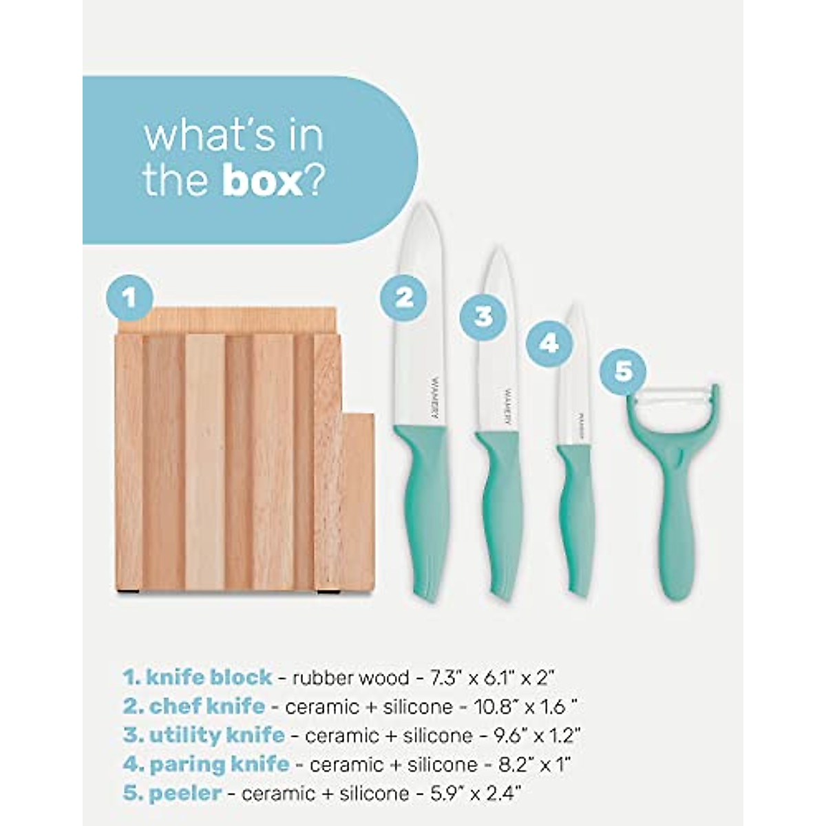 Wamery Ceramic Knife Set with Block - Chef Knife, Utility Knife, Paring Knife Rust Proof Sharp Turquoise Kitchen Knife Set with Wood Block and Fruit Peeler