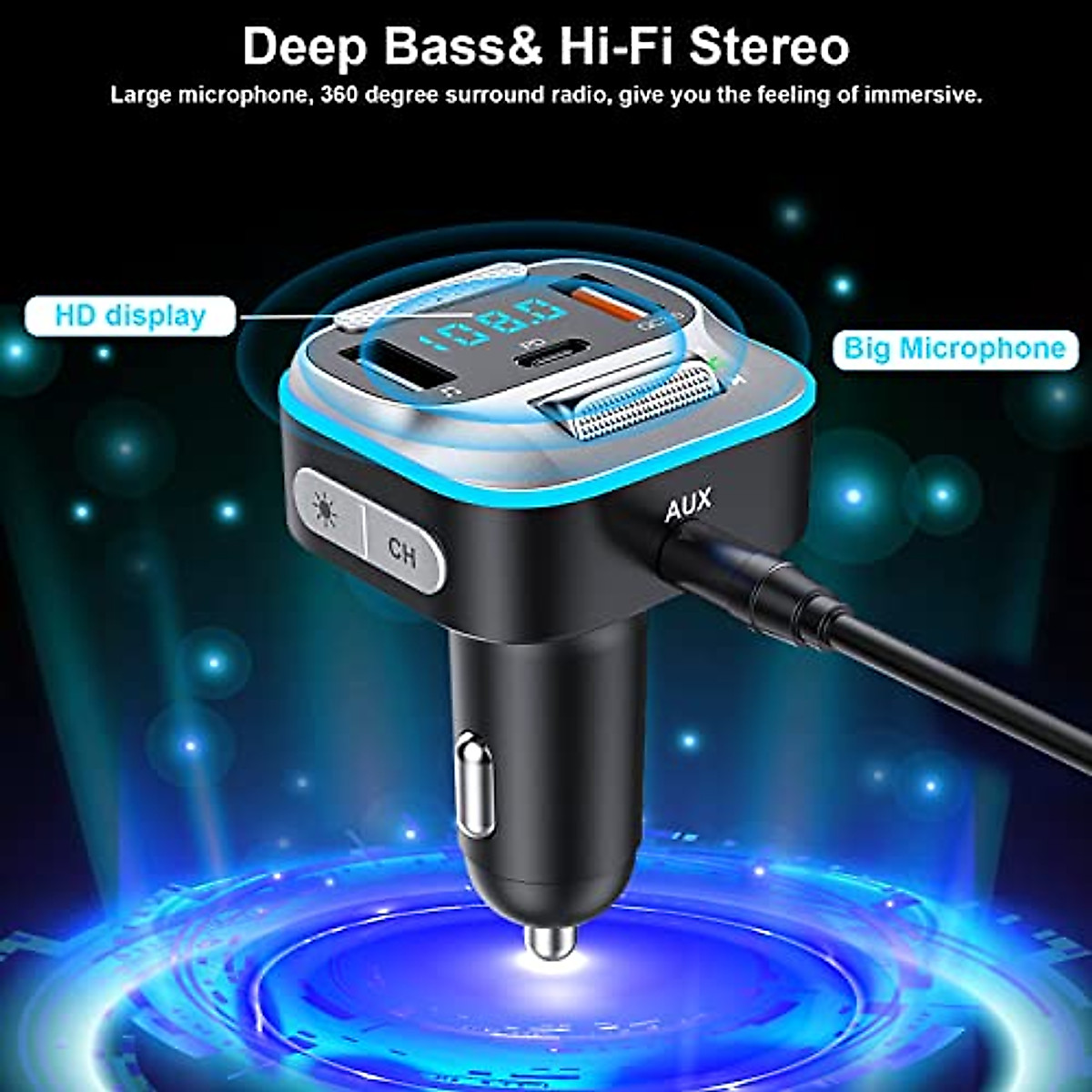 Bluetooth Adapter Car, 2023 Stronger Hi-Fi Bass Sound, Wireless Bluetooth FM Radio Adapter, Handsfree Call,30W PD&QC3.0 Fast Charging, 7 Colors LED, Support AUX Output and U Disk Bluetooth Transmitter