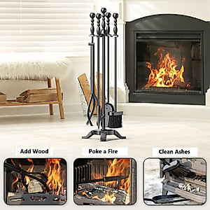 COMFYHOME 5 Piece Fireplace Tools Set, 32'' Heavy Duty Fireplace Tools with Stand, Fire Poker, Shovel, Tongs, Brush, Black Handle Fireplace Kits for Indoor Modern Chimney, Wood Stove, Outdoor Fire Pit