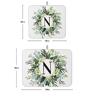 LIFEMUSION Eucalyptus Leaves Dish Drying Mat for Kitchen Counter, Monogram Letter N Baby Bottle Microfiber Drying Pad, Watercolor Teal Botanical Absorbent Coffee Cup Dishes Drainer Mats 16"x18"