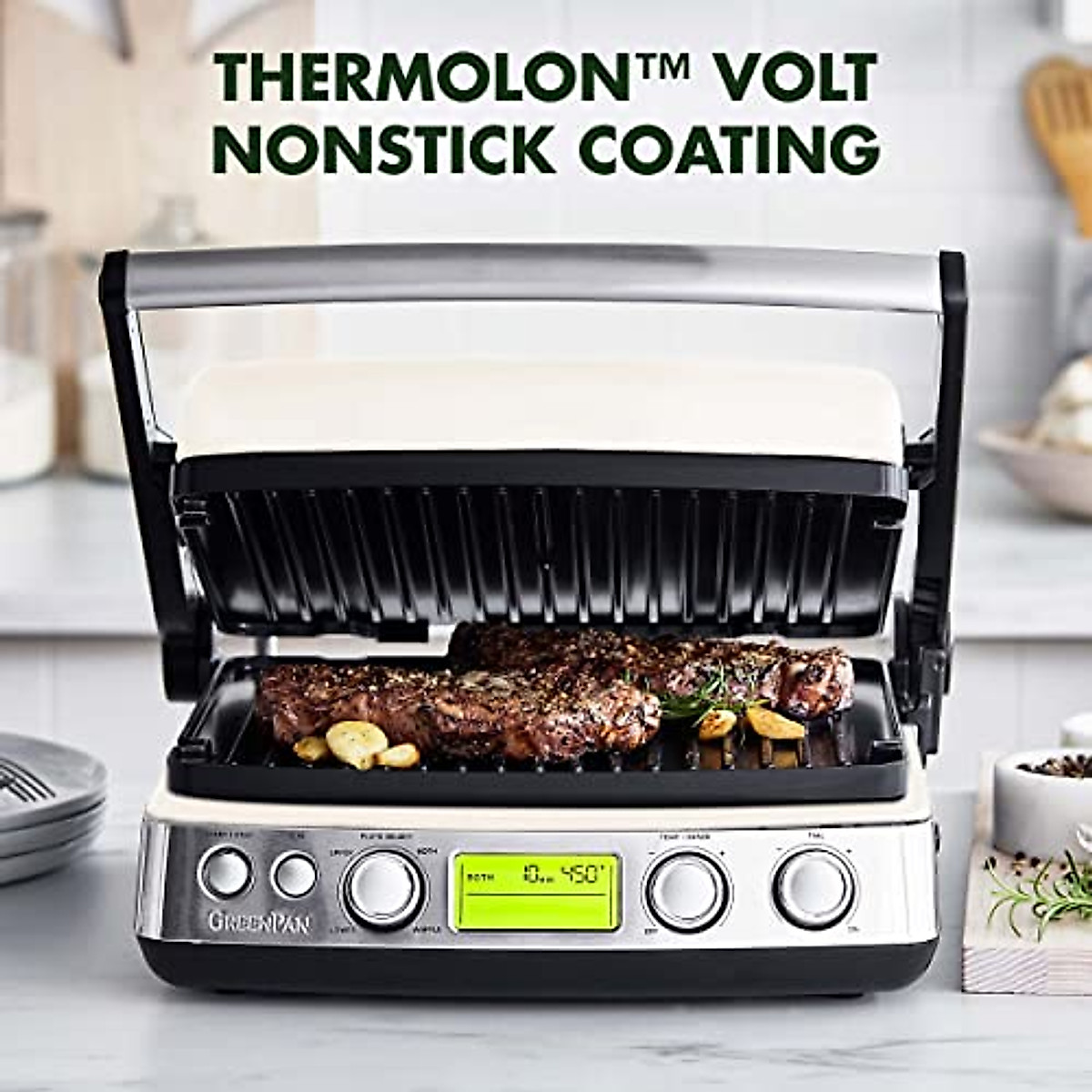 GreenPan Elite 7-in-1 Multi-Function Contact Grill & Griddle, Healthy Ceramic Nonstick Aluminum, Grill & Waffle Plates, Adjustable Shade & Shear, Closed Press/Open Flat Surface, PFAS-Free, Cream White