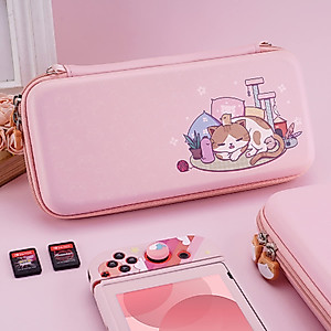 PlayVital Pink Cute Carrying Case for Nintendo Switch & OLED, Thumb Grip Caps & Kitten & Chicken Slim Travel Case for Switch Portable Hardshell Girl Storage Game Accessories